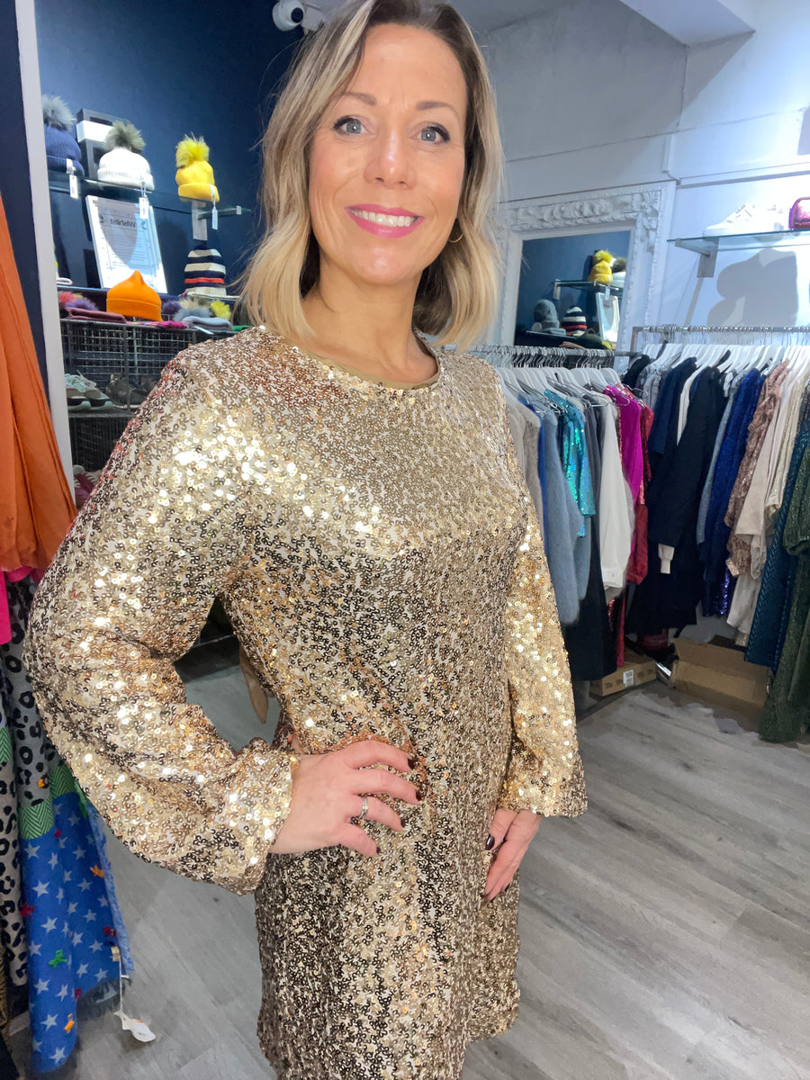 *LAST ONE!* Lavi Sequin Dress in Gold – blue Saffron Walden